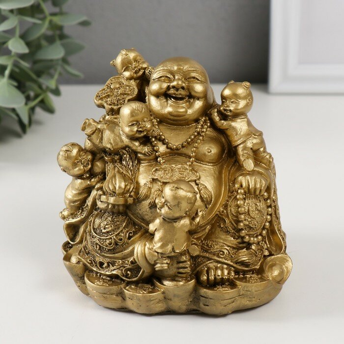 Нэцкэ «Хотей с детьми», полистоун под бронзу, 10.8×10×9.5 см