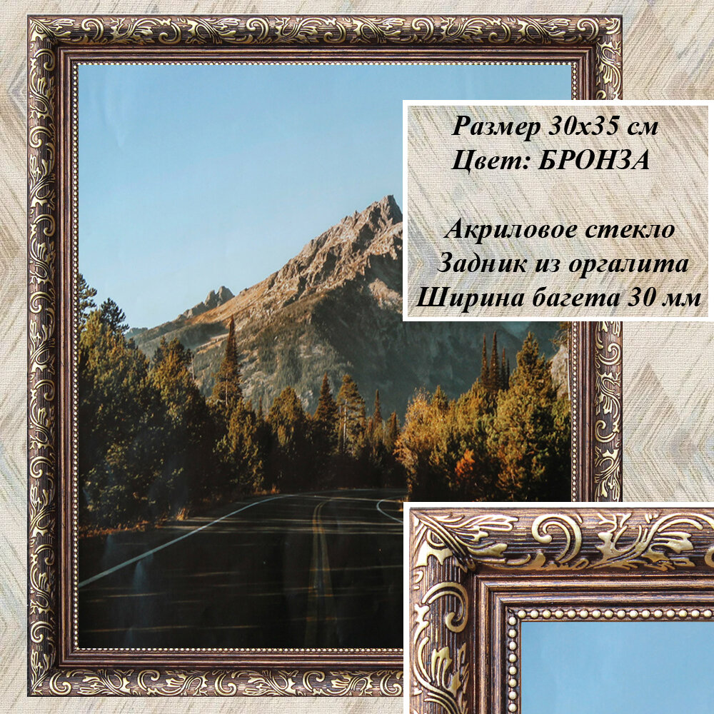 Фоторамка из пластика 30х35 см Садко 3 бронза ширина багета 30 мм задник - оргалит с пластиком