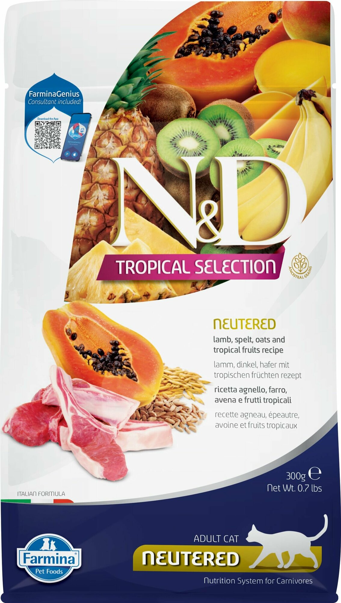 Сухой низкозерновой корм Farmina N&D Tropical Selection Cat Nutered для стерилизованных кошек и кастрированных котов, ягнёнок, 300 г