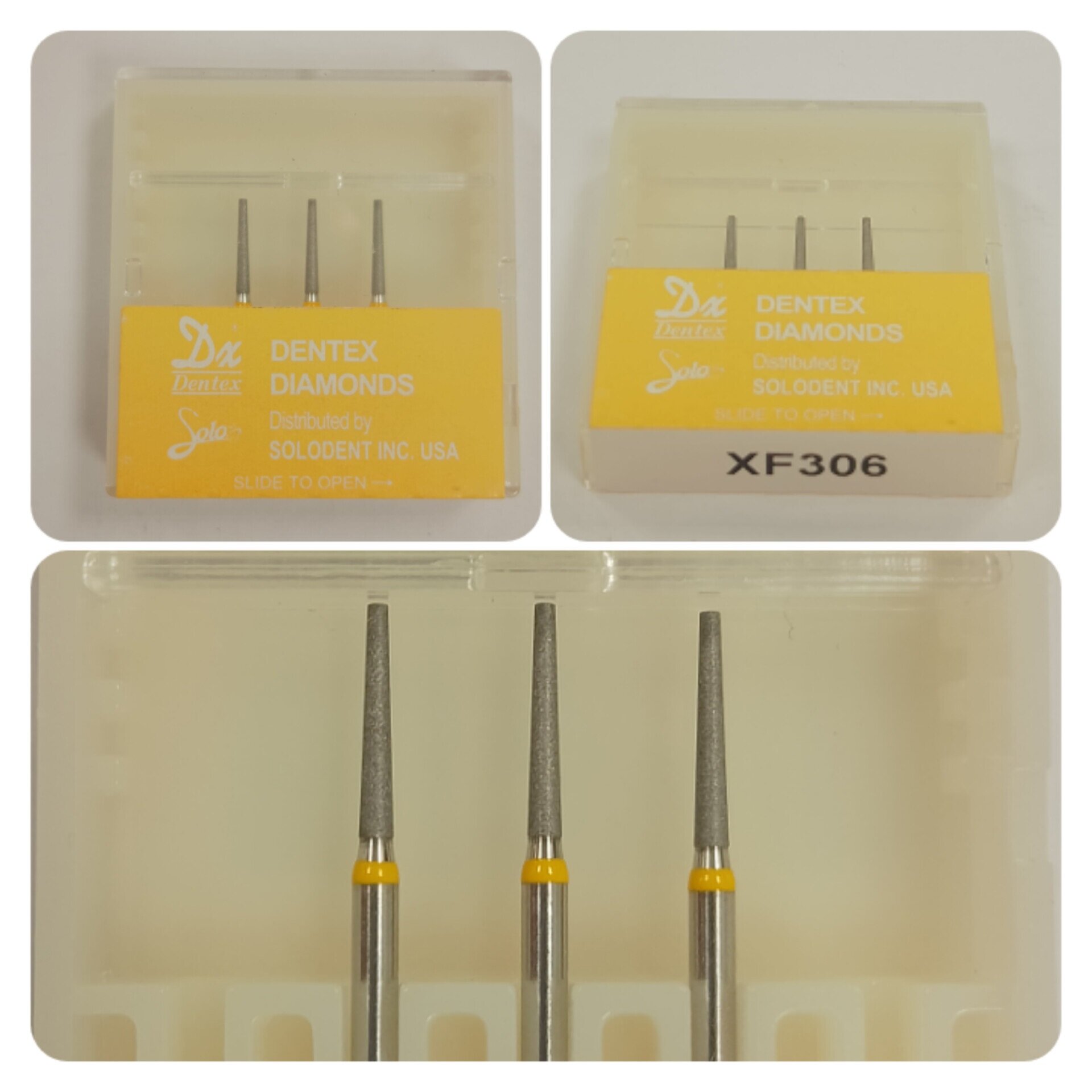 Боры стоматологические алмазные Dentex турбинные конус с плоским концом XF 306 размер 014 желтая насечка, 3 штуки