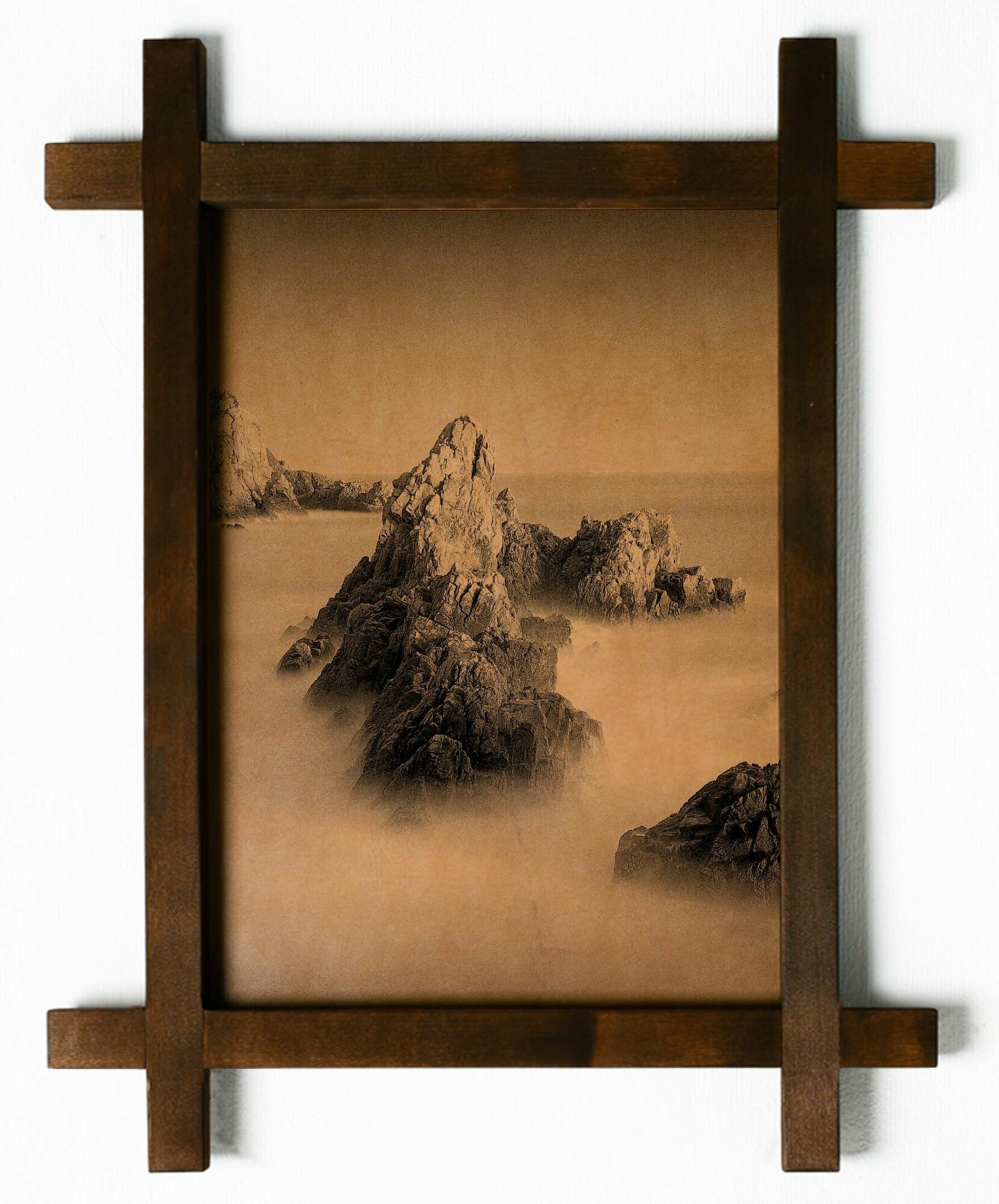 Картина интерьерная, натуральная кожа, "Скалы в тумане", в деревянной раме, BoomGift