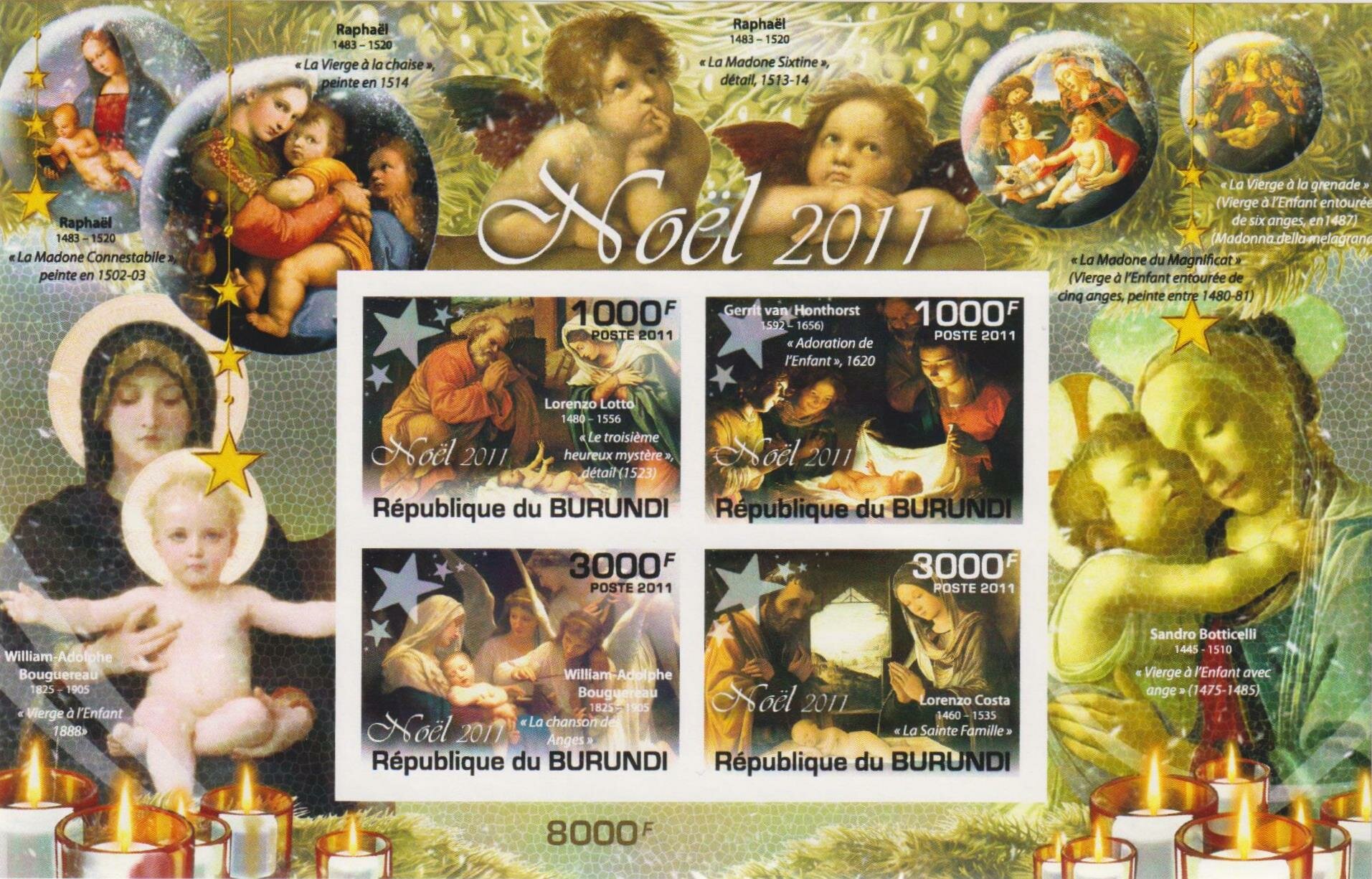 Почтовые марки Бурунди 2011г. "Рождество - Картины" Рождество, Картины, Религия MNH