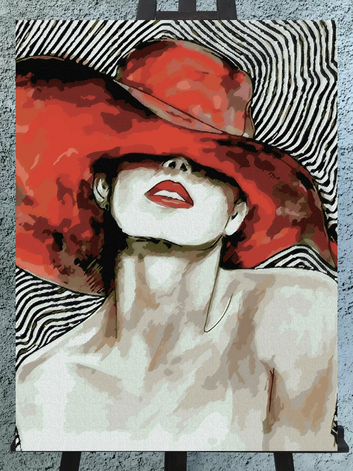 Картина на натуральном холсте "девушка В красной шляпе" 30х40см / Картина для интерьера дома