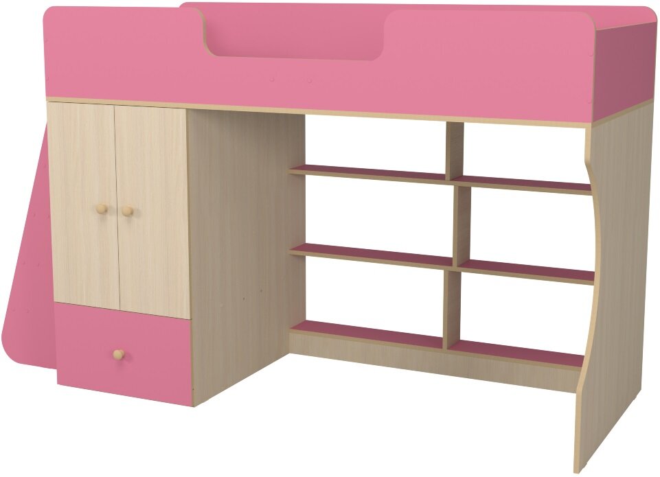 Кровать чердак Р445 Капризун 11 со шкафом розовый