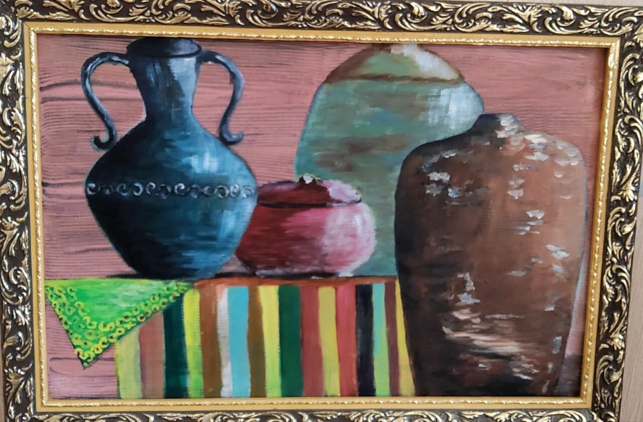 Картина в раме. Миляева Нина. "Набор кувшинов". Холст, масло, 40x60. Авторская живопись.