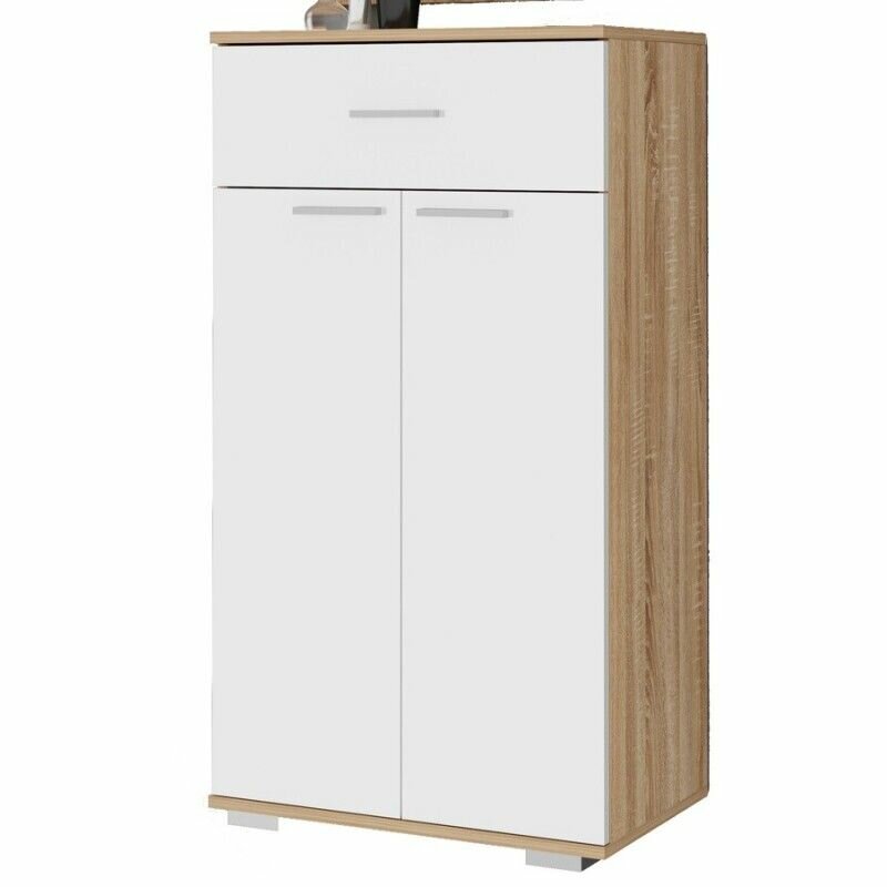 Тумба комбинированная Италия, Сонома/Белый глянец, ЛДСП, с ящиком и полками, для гостиной, спальни 600х1100х370, памир