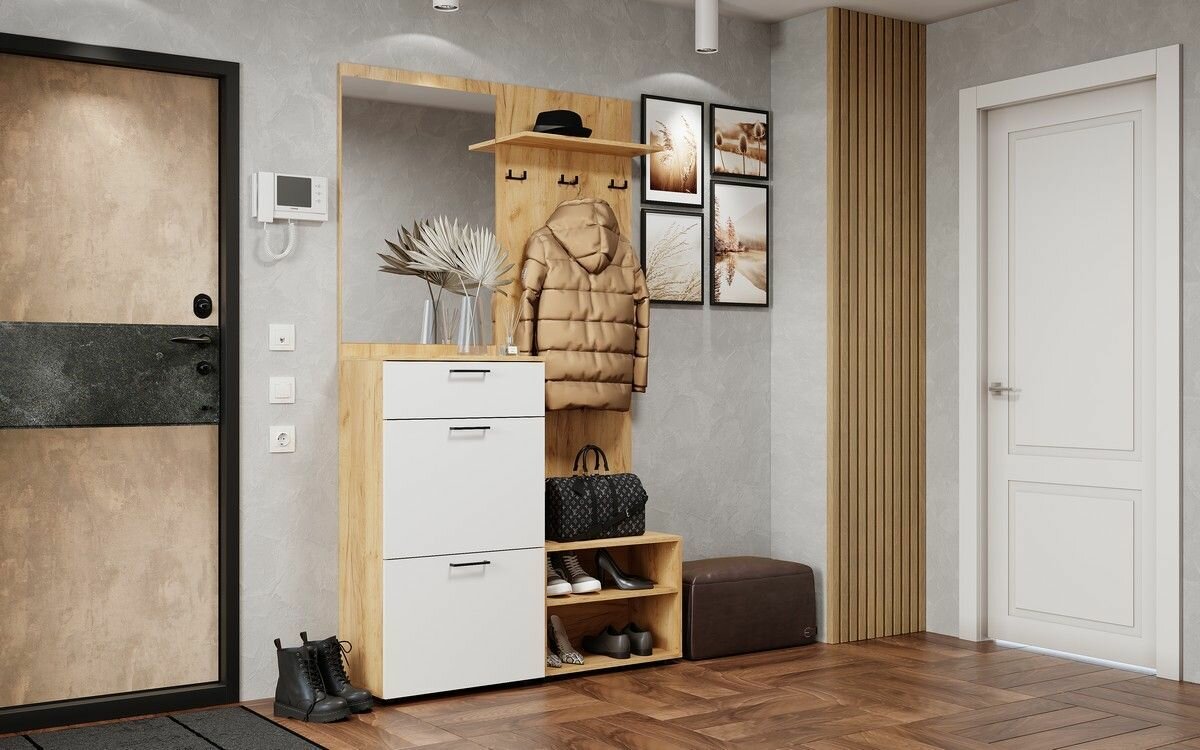 Прихожая с зеркалом комплект мебели Дуб Крафт Золотой/Белый Гладкий, монтана, 120х35х210 см Стиль