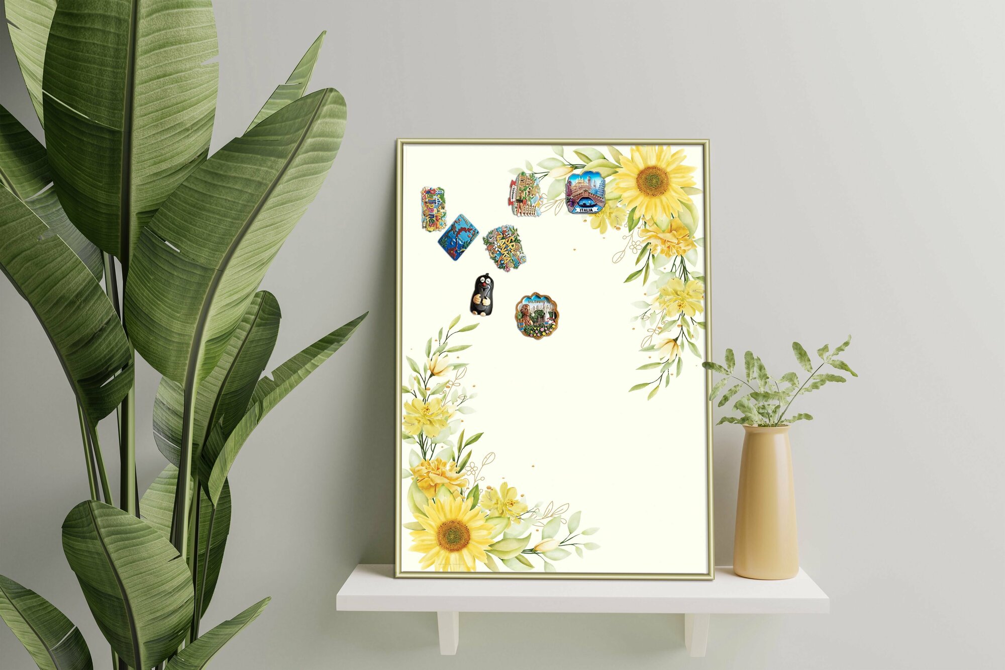 Магнитная настенная доска АртБорд "Подсолнухи" полимерная для хранения магнитов, с горизонтальным и вертикальным креплением, для дома и офиса, в тонком алюминиевом багете, 60х40 см