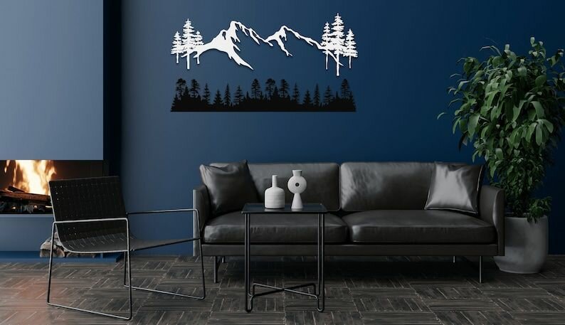 Декоративное панно деревянное, Лес в горах (черный и белый цвета)