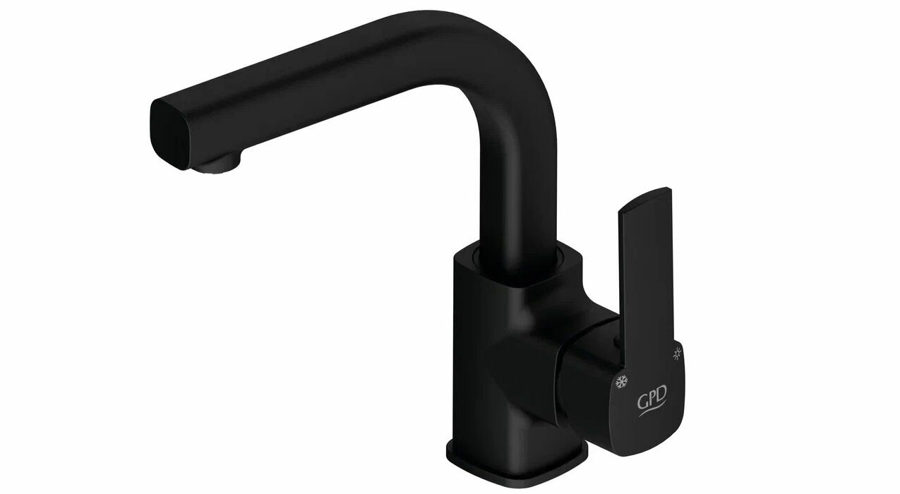 Смеситель для умывальника поворотный без донного клапан GPD PEDRA MTL160-S, цвет черный матовый/раковины/ванны/биде/душ/кухня