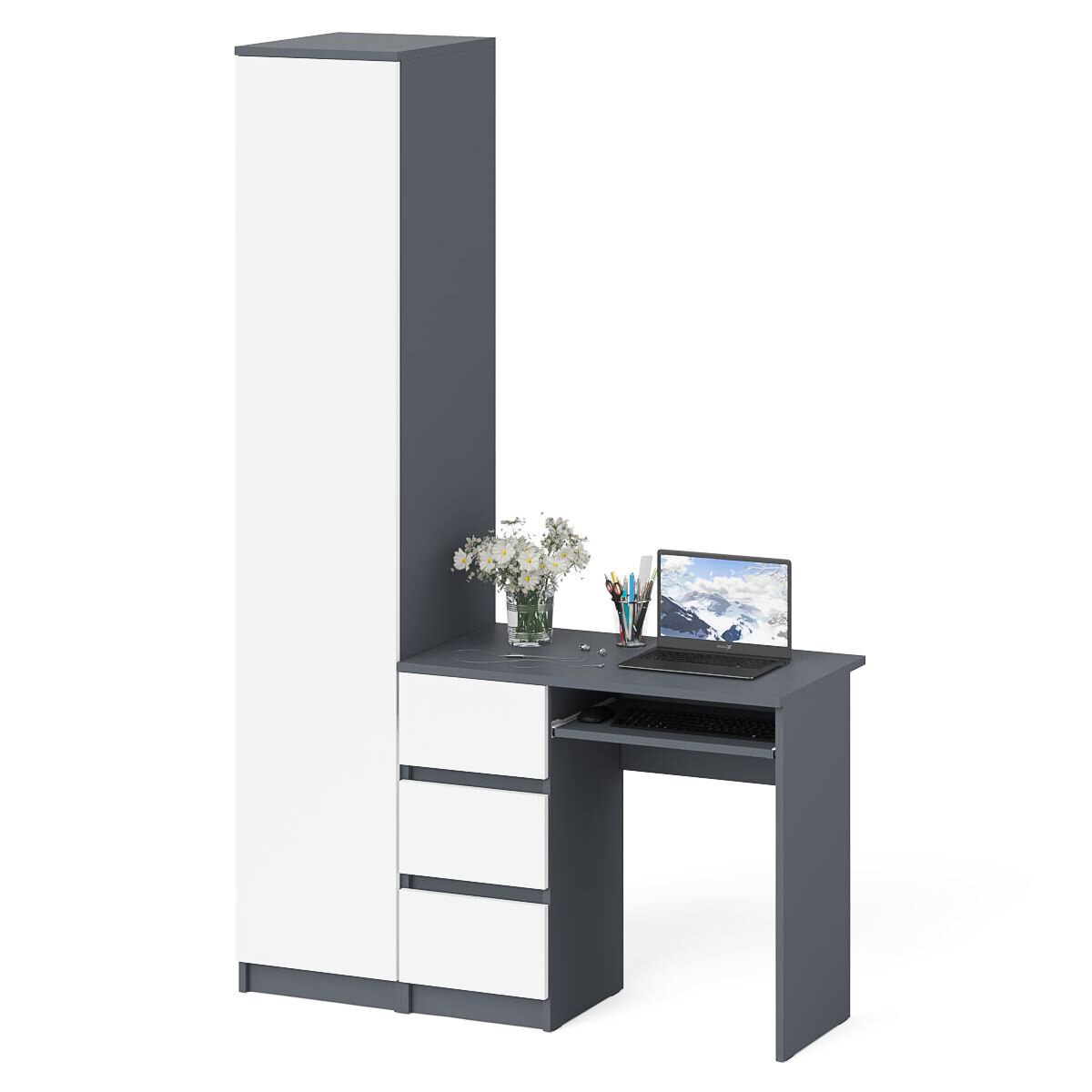 Компьютерный стол СВК Мори МС-6 левый с узким пеналом цвет графит/белый, 130,4х50,4х209,6 см.