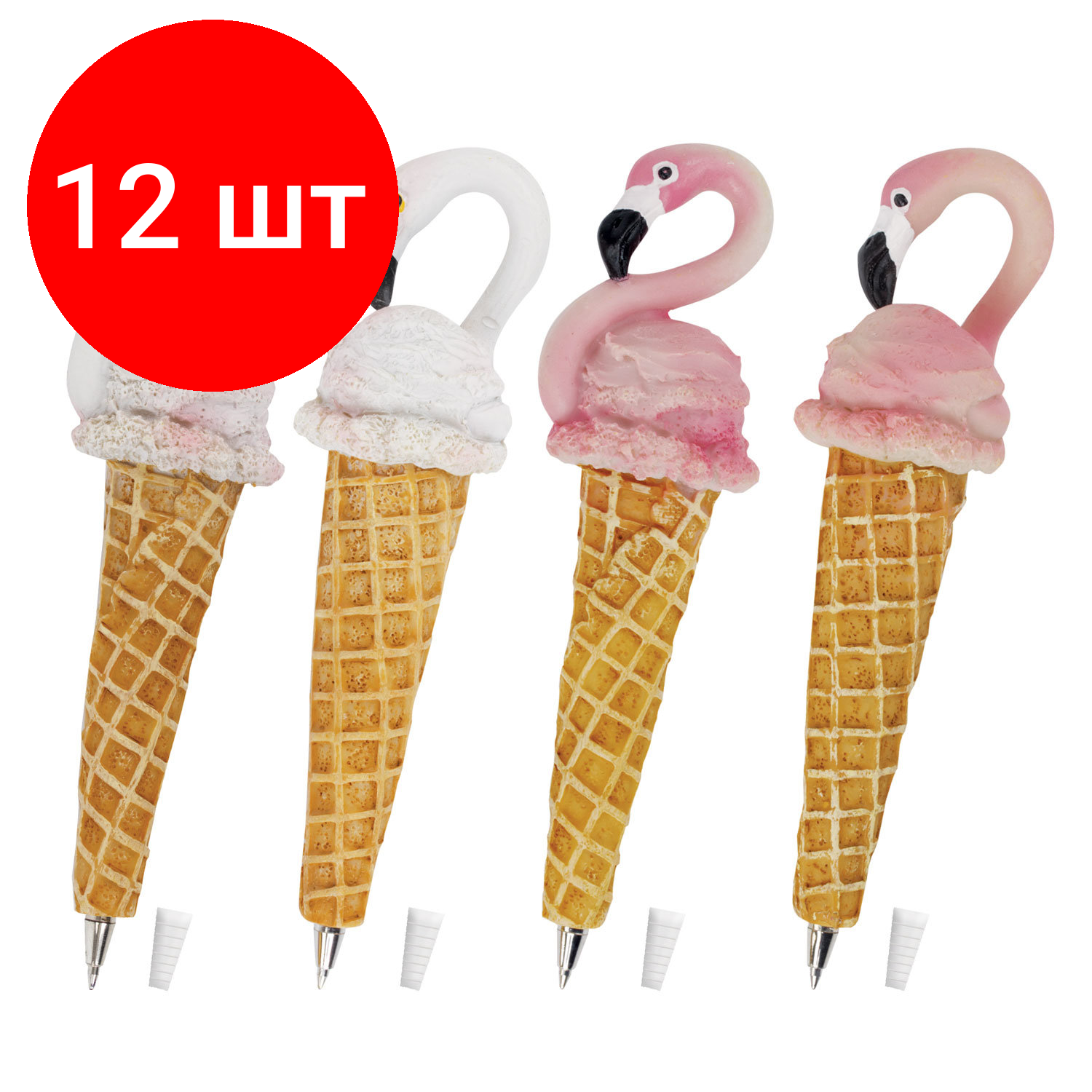 Комплект 12 шт, Ручка фигурная "мороженое-фламинго", синяя, 4 дизайна ассорти, 0.5 мм, дисплей, BRAUBERG, 142764