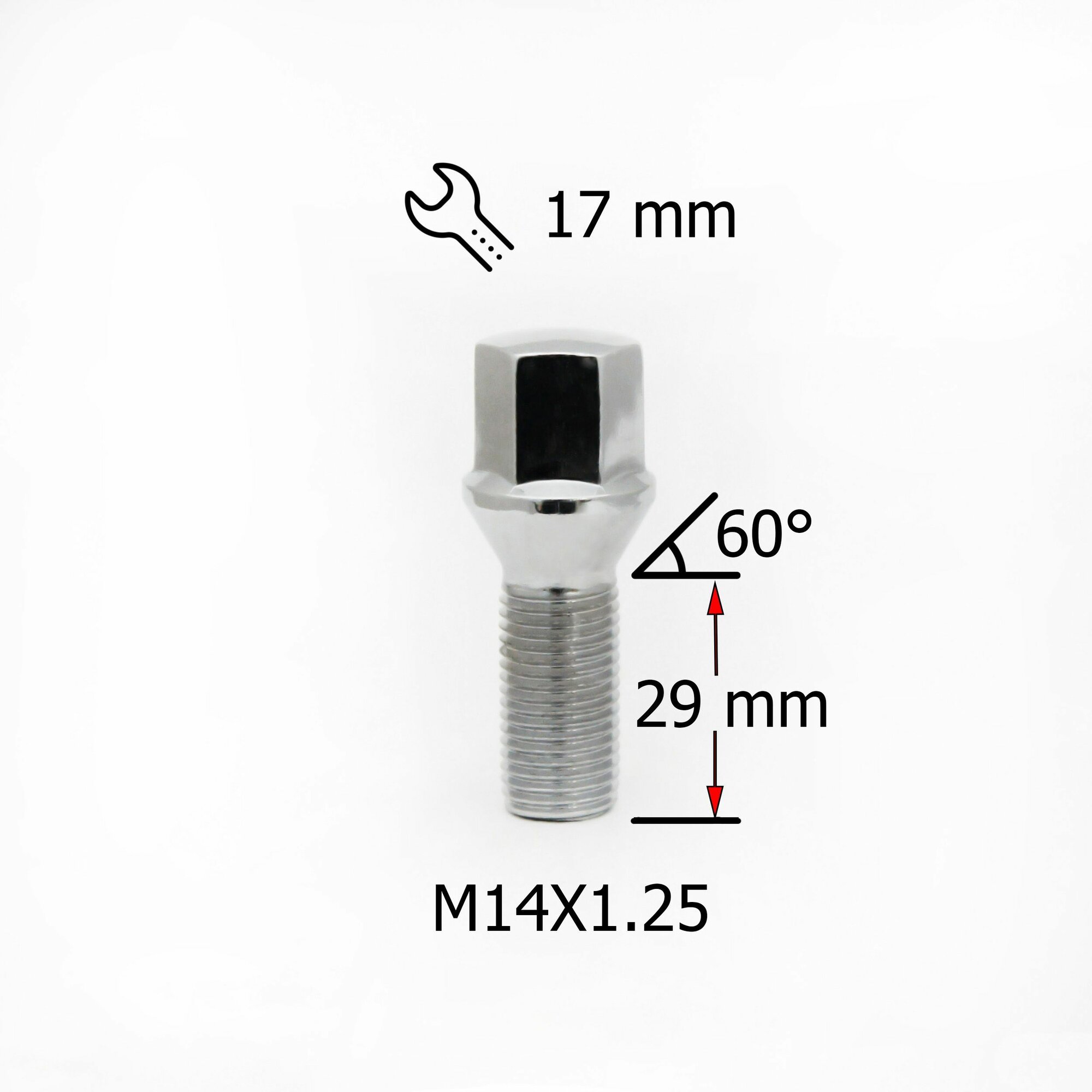 Болт колесный M14x1,25 длина резьбовой части 29мм, конус, ключ 17мм, хром
