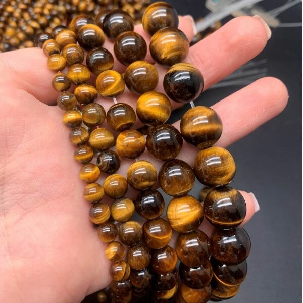 Каменные бусины, Тигровый глаз, шарик гладкий, 14 мм, длина нити 38 см