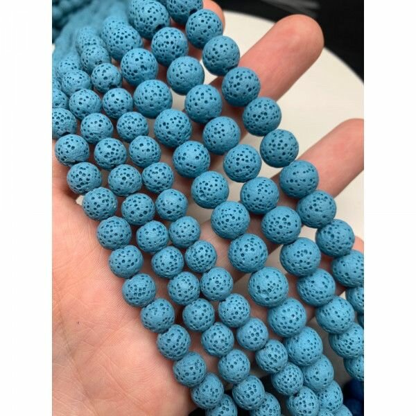Каменные бусины, вулканическая лава люкс, пористая тонированная, голубая, шарик гладкий, 10 мм, длина нити 38 см, около 38 бусин