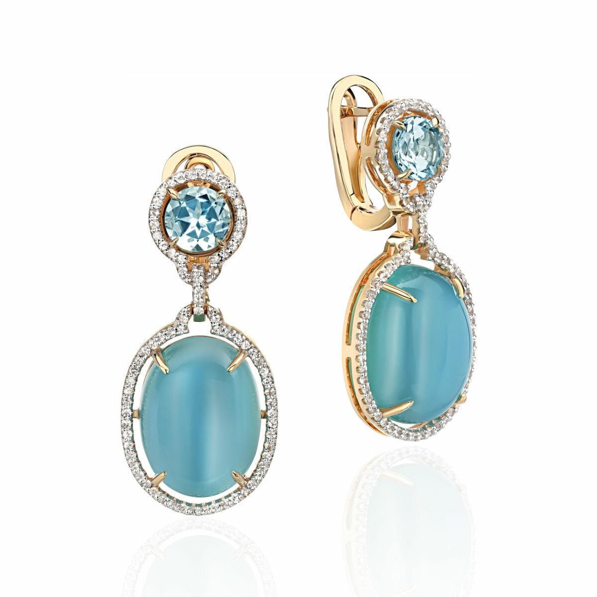 Серьги, желтое золото, 585 проба, агат, сапфир, топаз