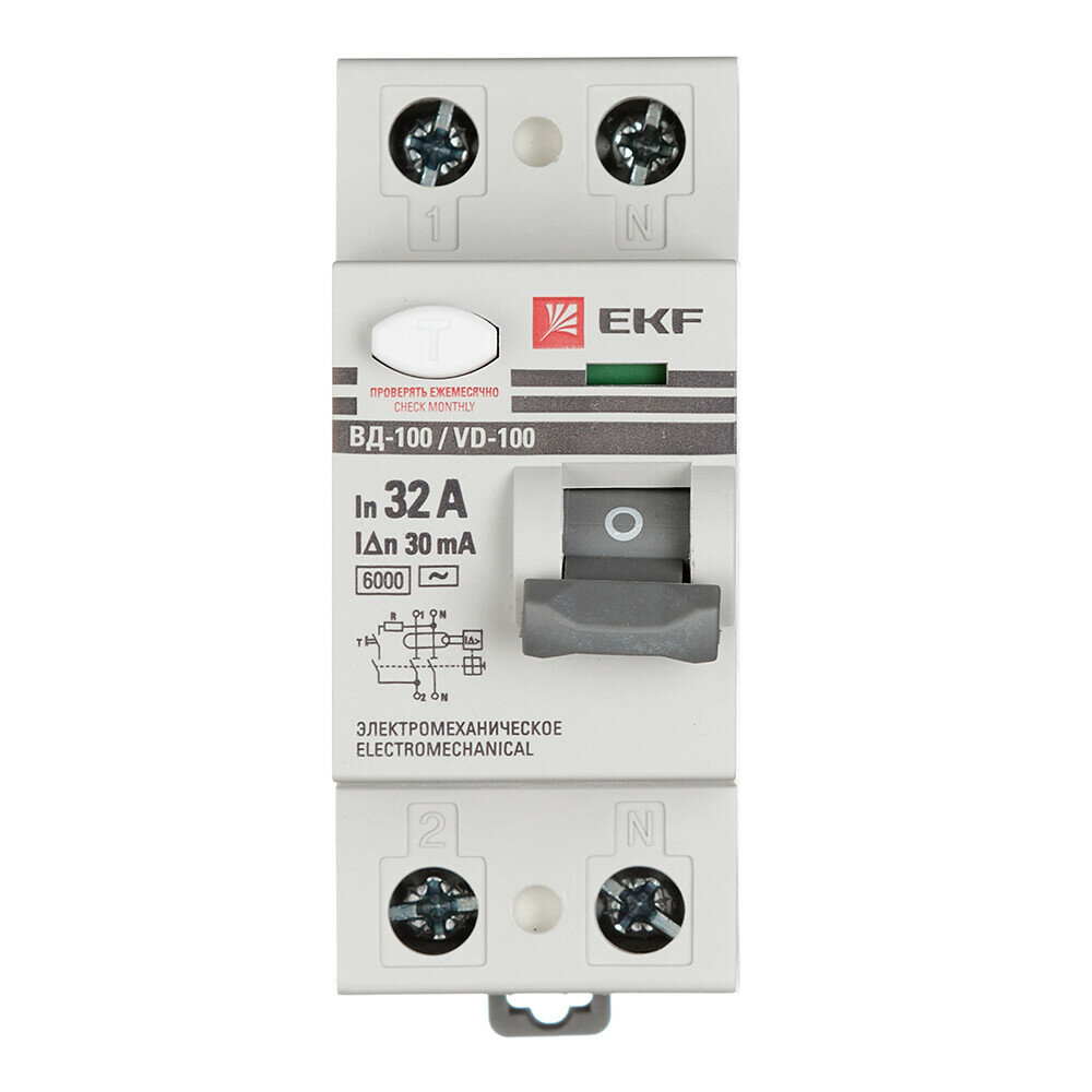 УЗО EKF PROxima ВД-100 32А 1P+N тип AC 30 мА 6 кА (elcb-2-6-32-30-em-pro) EKF elcb-2-6-32-30-em-pro/131
