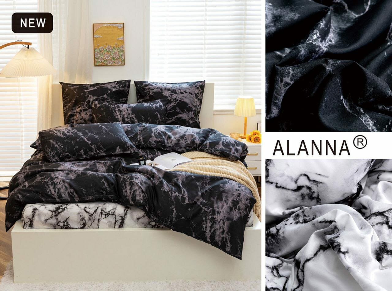 Комплект Постельного Белья Аланна 2х-Спальное Черно-белый Мрамор/ Двуспальное / простыня 200x220 / пододеяльник 180x220 / Наволочки 70x70-2
