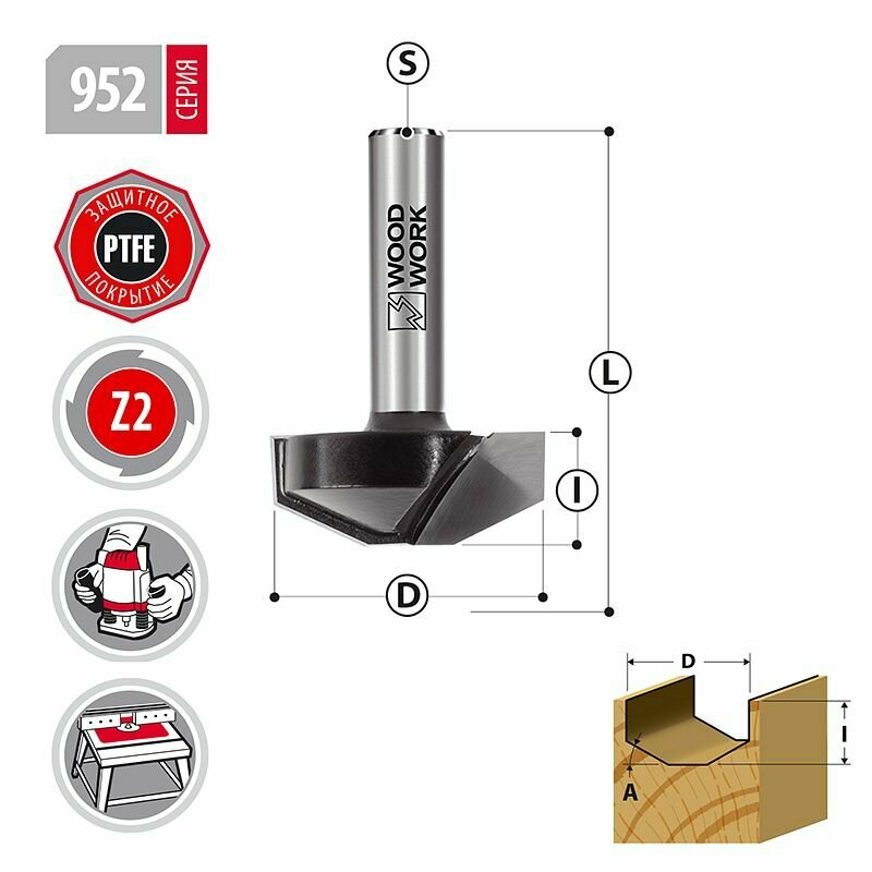 Фреза профильная врезная D20 I7,9 L40 S8mm Woodwork 952.2008.08