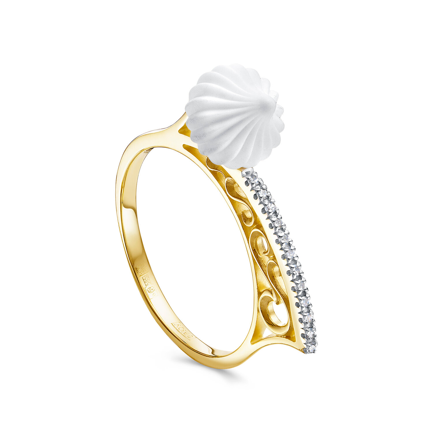 Кольцо, желтое золото, 585 проба, фарфор, бриллиант