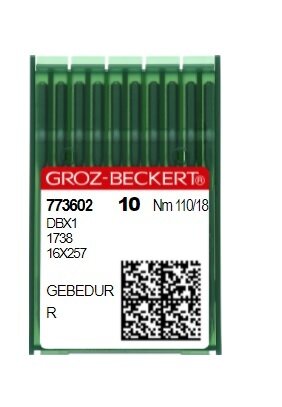 Иглы Groz Beckert (прямострочка) №110/18 1пл. х10игл. (тонкая колба) 773602