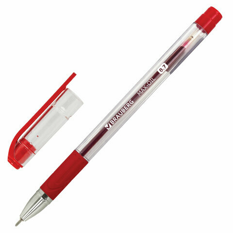 Ручка шариковая масляная с грипом BRAUBERG Max-Oil, красная, игольч. узел 0,7мм, линия 0,35мм, 142143