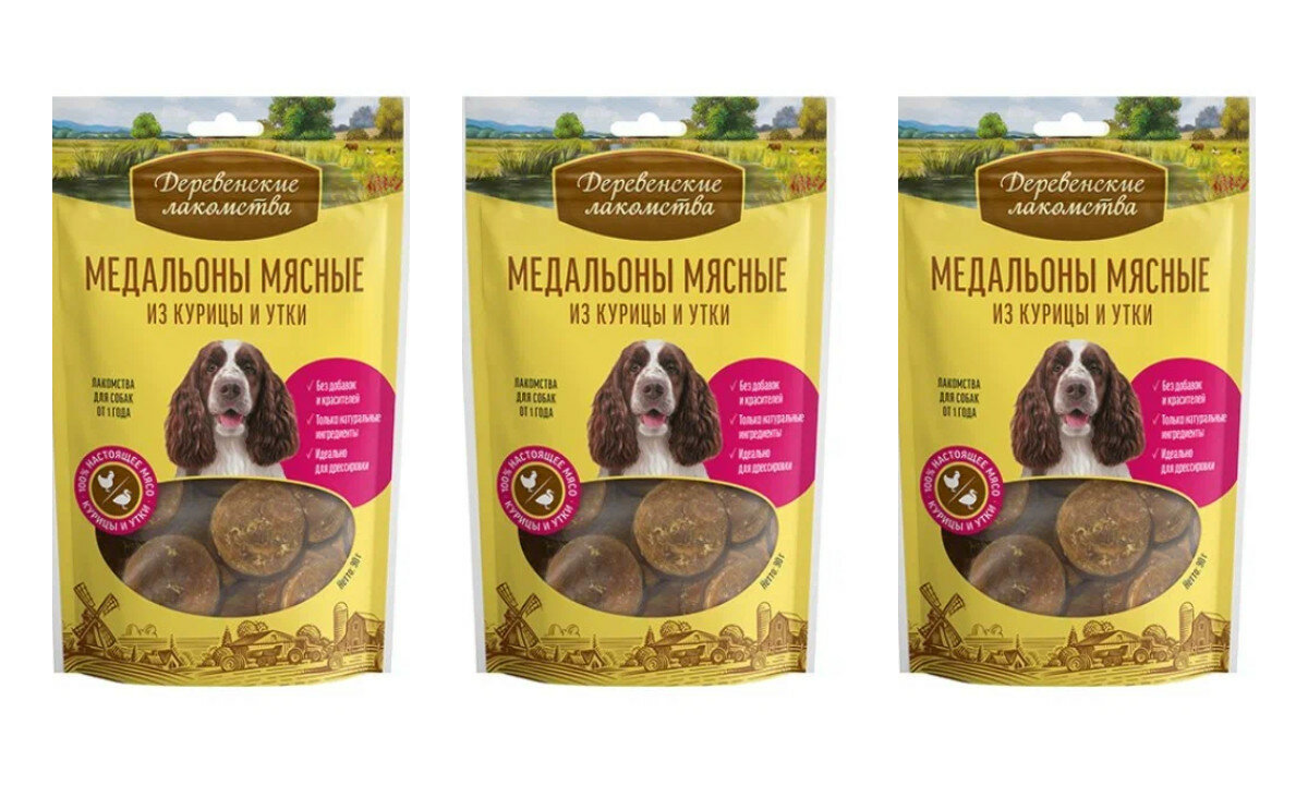 Медальоны мясные для собак Деревенские лакомства из курицы и утки, 90 гр, 3 шт.
