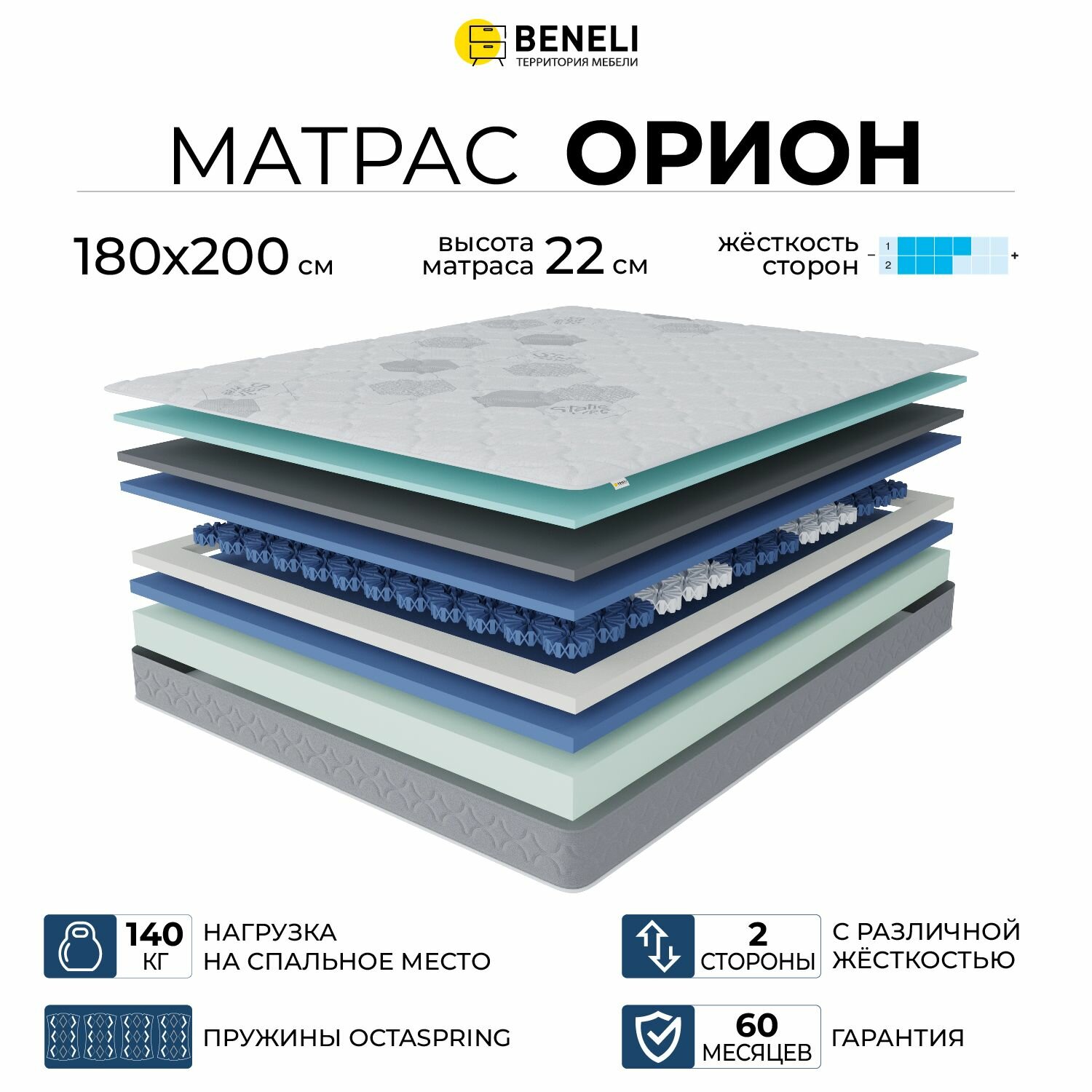 Ортопедический матрас Beneli Орион, двусторонний, анатомический, с эффектом памяти, высота 22 см, 180х200 см, 1 шт.