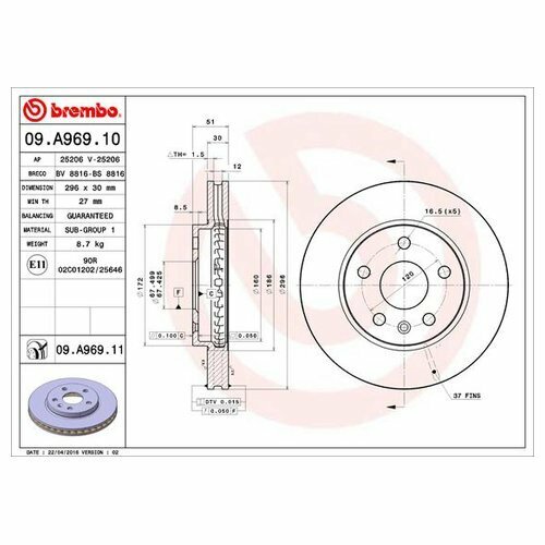 Тормозной диск передний Brembo 09A96911 для Chevrolet Malibu; Opel Insignia; Saab 9-5