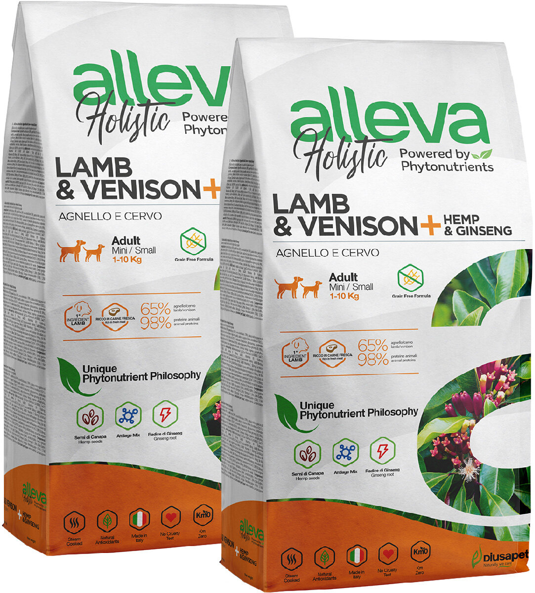ALLEVA HOLISTIC ADULT DOG MINI LAMB&VENISON беззерн д взр соб мал пор ягн, олень, конопля, женьшень NEW 12 + 12 кг