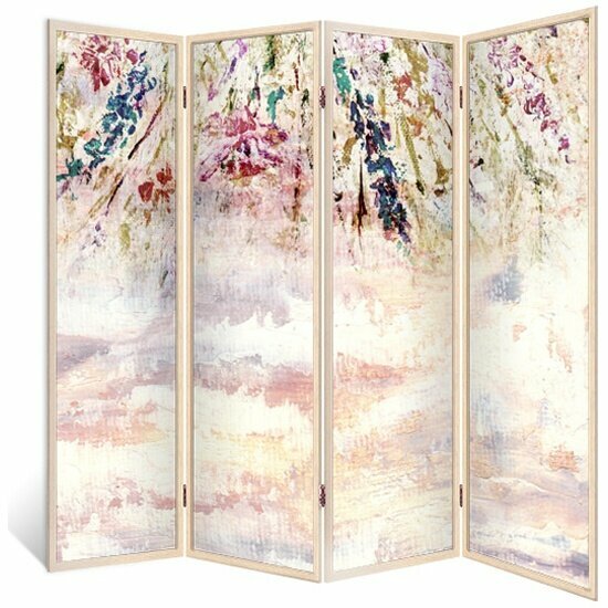 Ширма перегородка Декор Депо для комнаты деревянная "Вверхтормашками" двухсторонняя с картинкой (цветы) 4 створки кремовый дуб 176х185 см 14 кг