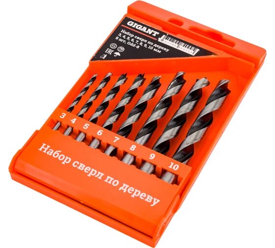 Набор сверл по дереву 3-4-5-6-7-8-9-10 мм, 8 шт, пластиковый кейс Gigant Gdd-8