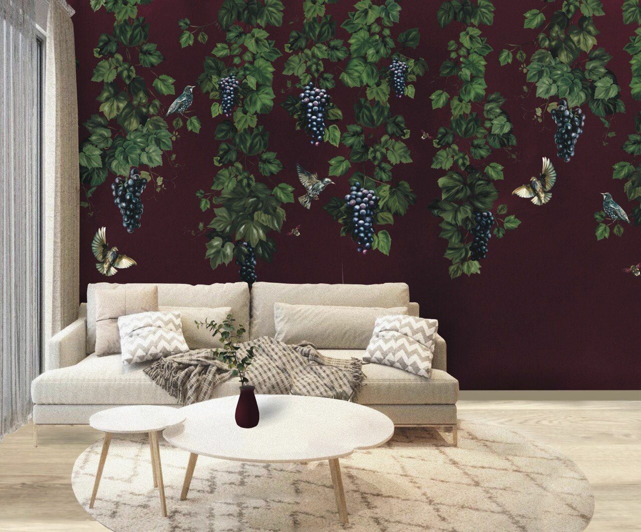Обои бесшовные Скворцы и виноград бордовый (ширина 2550мм х длина 3000мм)