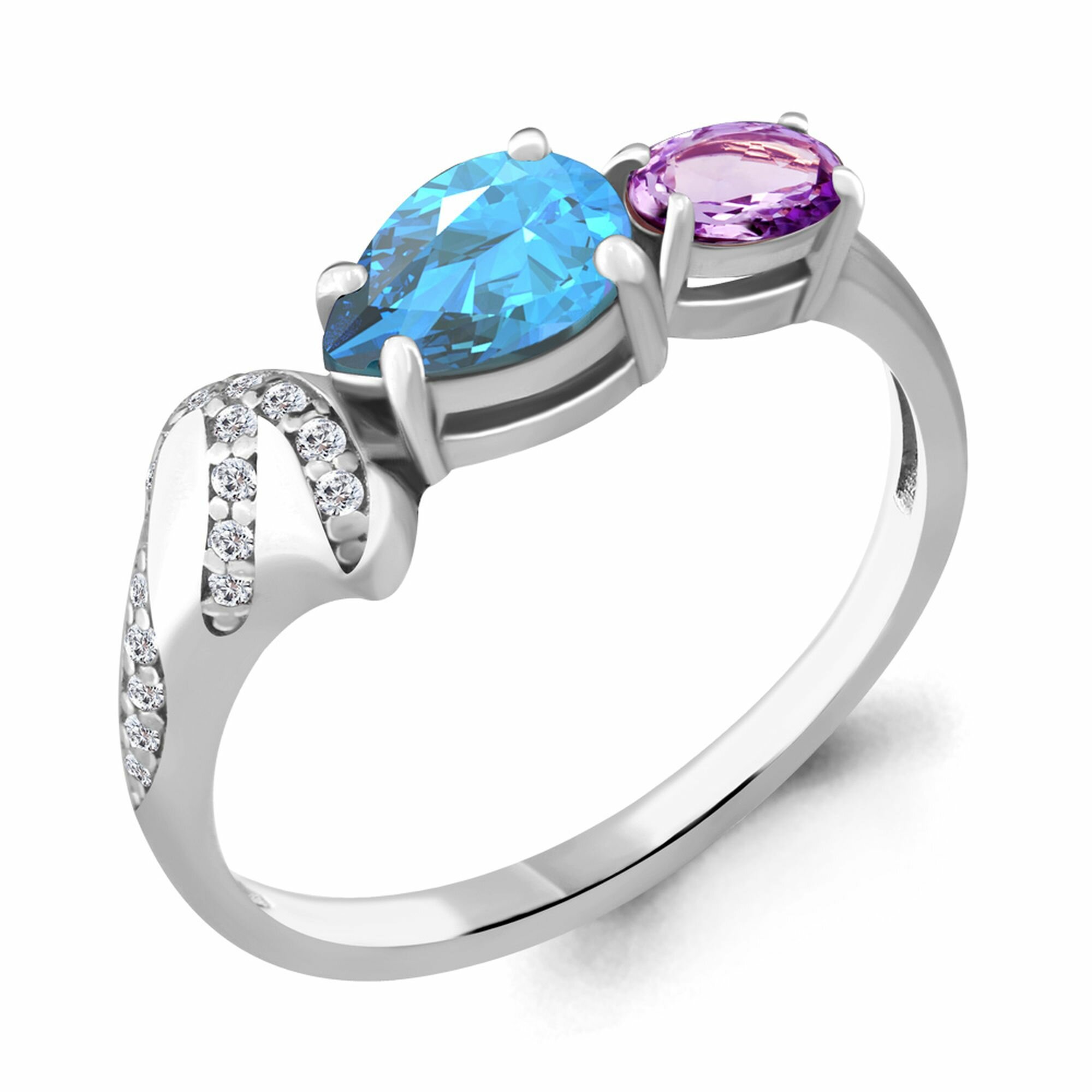 Кольцо, серебро, 925 проба, родирование, аметист, фианит, топаз