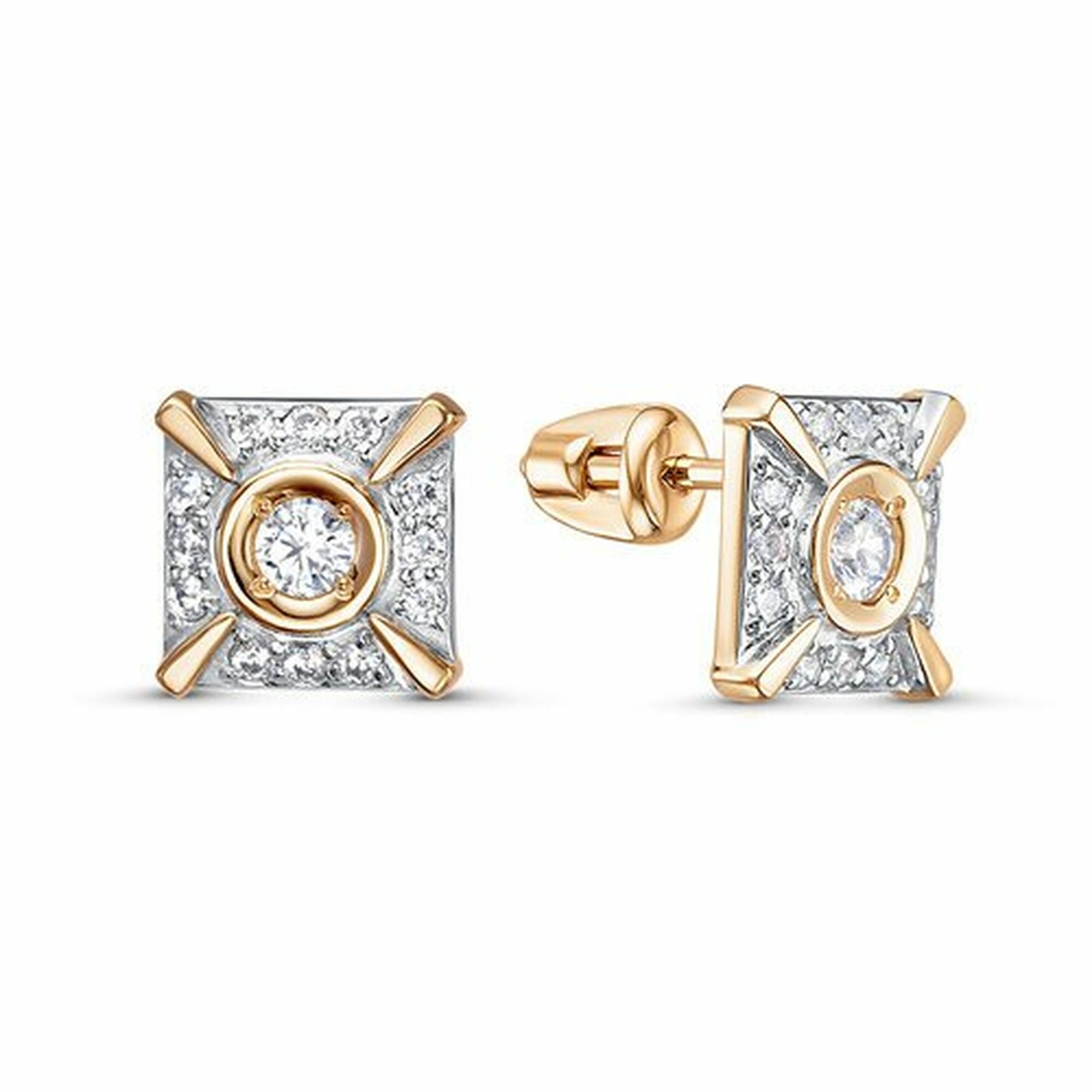 Серьги пусеты, красное золото, 585 проба, фианит