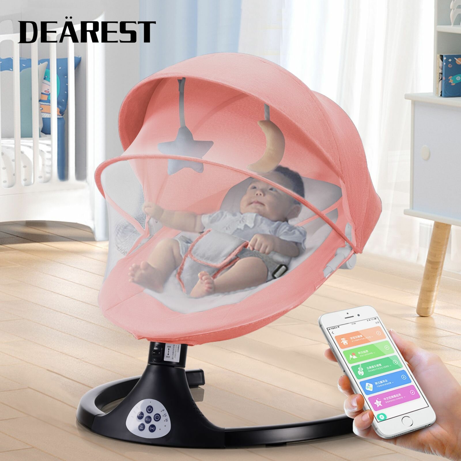 Электрокачели для новорожденных DEAREST детский шезлонг, баунсер от 0+, с функцией "умное укачивание", подвесными игрушками и дополнительной подушкой под голову D+F