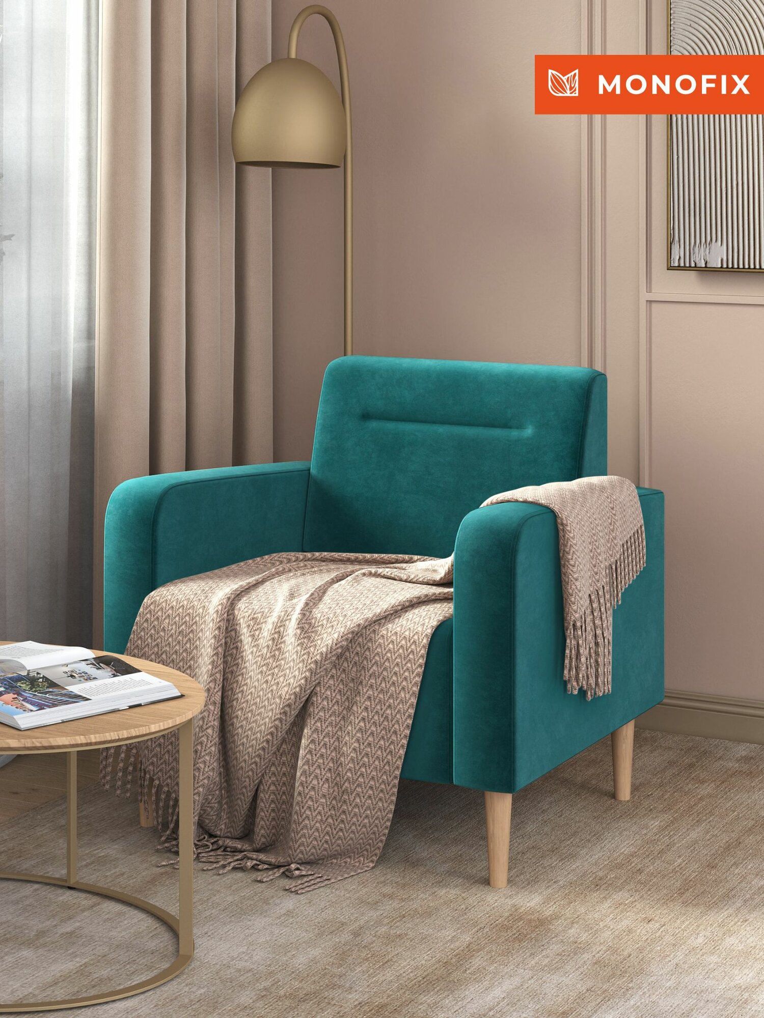 Мягкое кресло MONOFIX фоксет для отдыха в гостиную, велюр изумрудный (№20)