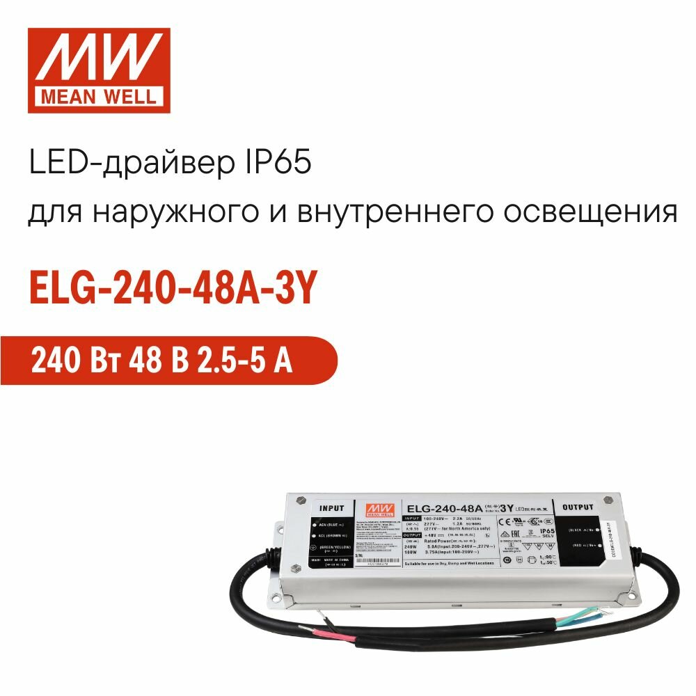 LED-драйвер MEAN WELL ELG-240-48A-3Y 240 Вт, 48 В, 5 А стабилизация CV+CC, ККМ, потенциометр, корпус IP65