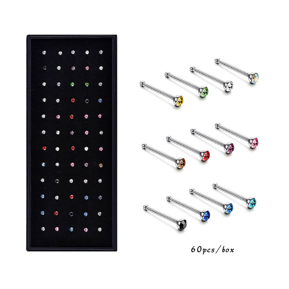 60PCS Stud Nose Rings Bone Stud Stainless Steel Color Pin Jewelry Nose Piercing