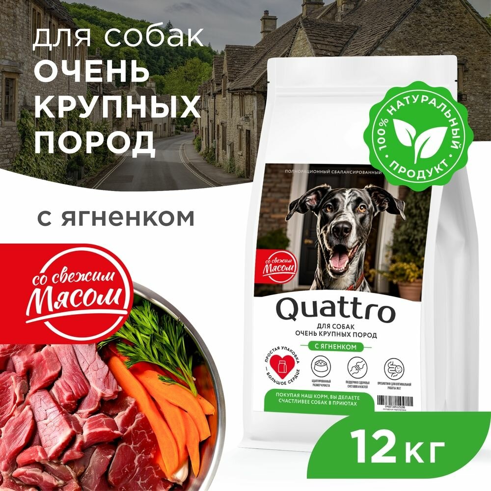 Корм сухой для взрослых собак очень крупных пород, премиум полнорационный сбалансированный, с ягненком, 12 кг, QUATTRO