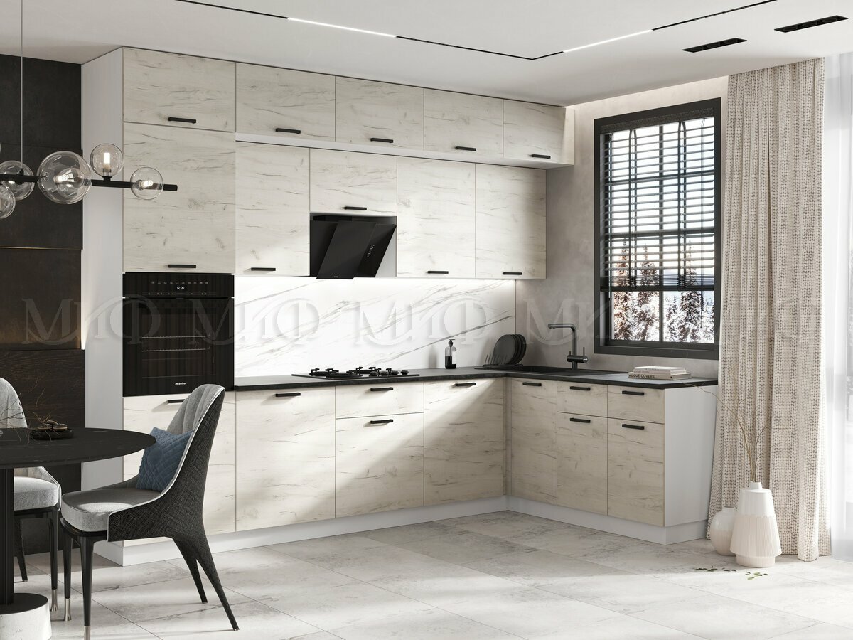 Кухня угловая Миф Рио NEW 3,0х1,8/1080м (490) Компановка №5 ЛДСП Дуб крафт белый/ столешница Антарес