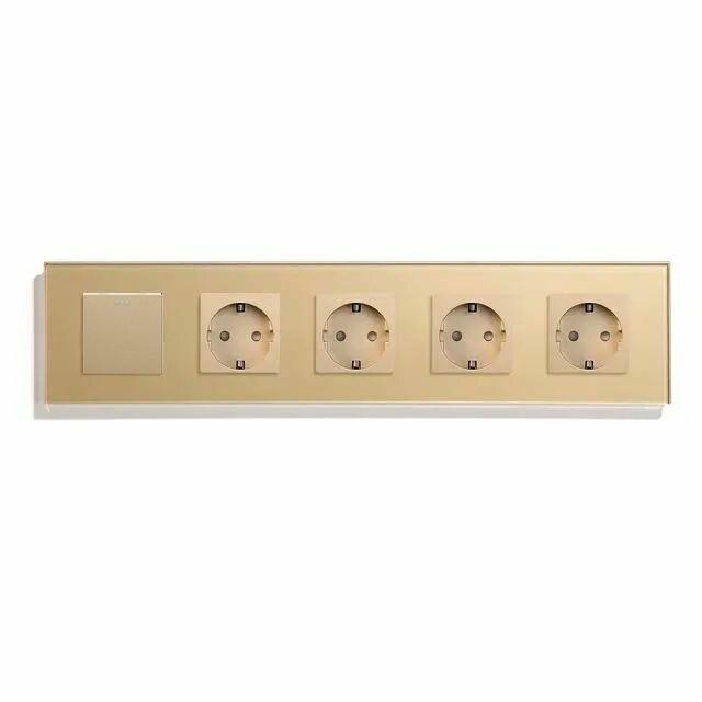 Выключатель с розеткой, 1 клавиша 4 розетки, 5 постов (M1+4F) рамка стекло 370х86мм цвет золото