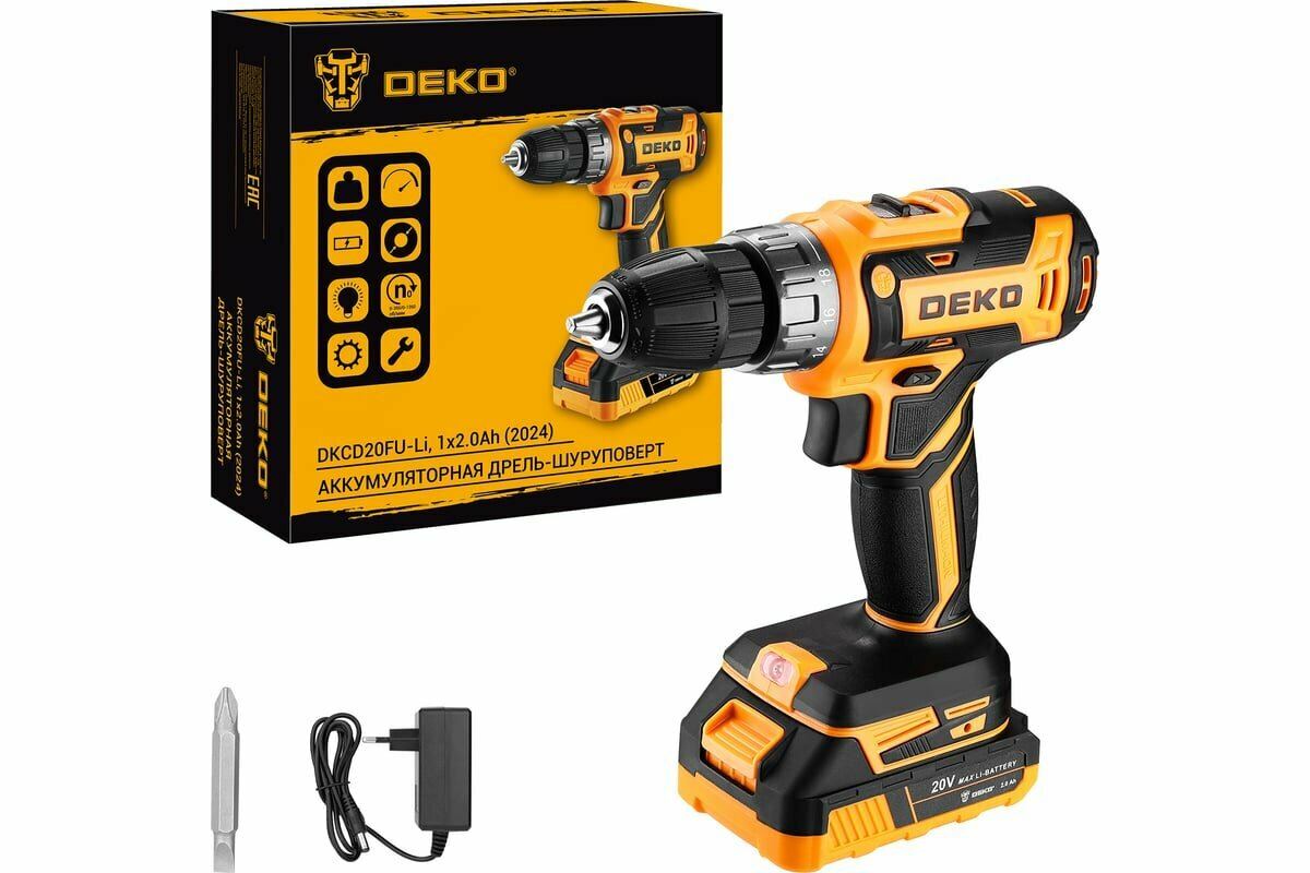 Аккумуляторная дрель-шуруповерт DEKO DKCD20FU-Li, 20 В, 1x2.0 Ач, зарядное устройство (2024) 063-4149