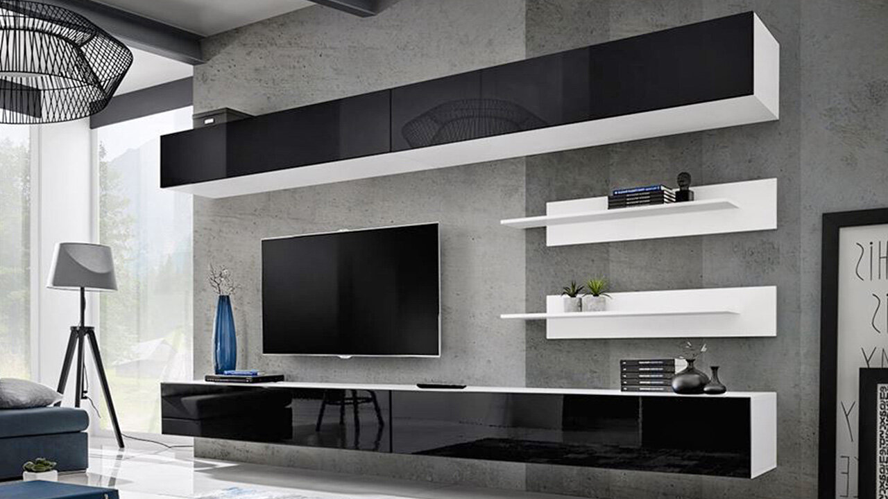 Гостиная 1 МДФ (черная) / Белый Фасадный 0101 NEW 320x40x180 см, черный, белый фасадный Фиеста