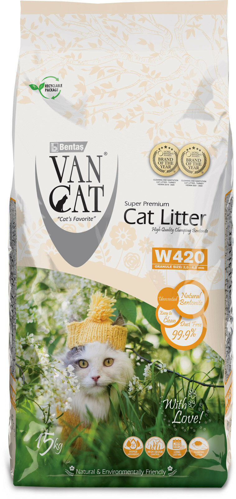 Van Cat Комкующийся наполнитель "100% Натуральный", без пыли, бентонит, гранулы 2 - 4мм (15 кг)