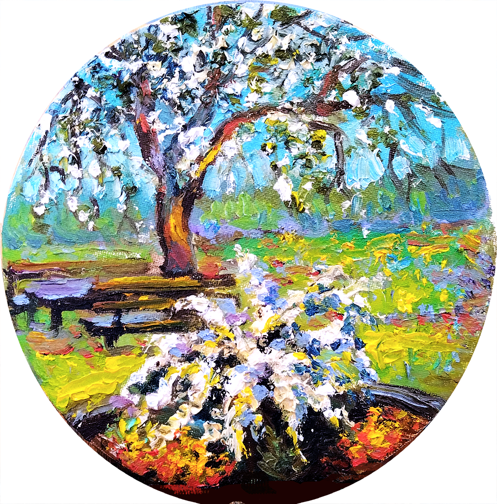Этюд маслом на круглом холсте на подрамнике "Весеннее цветение"