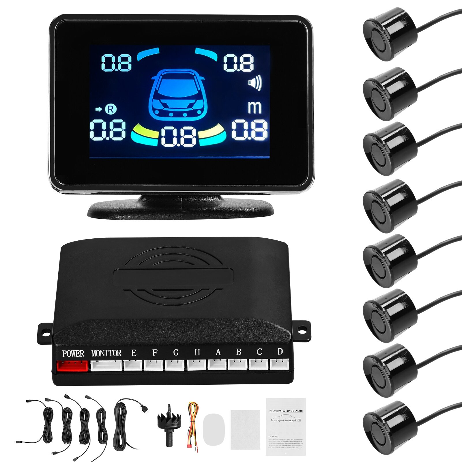 Датчик парковки автомобиля, система радаров заднего хода, поддержка звука спереди и сзади, оповещение/зуммер/отключение звука с 8 датчиками, определение расстояния, ЖК-дисплей, регулировка громкости