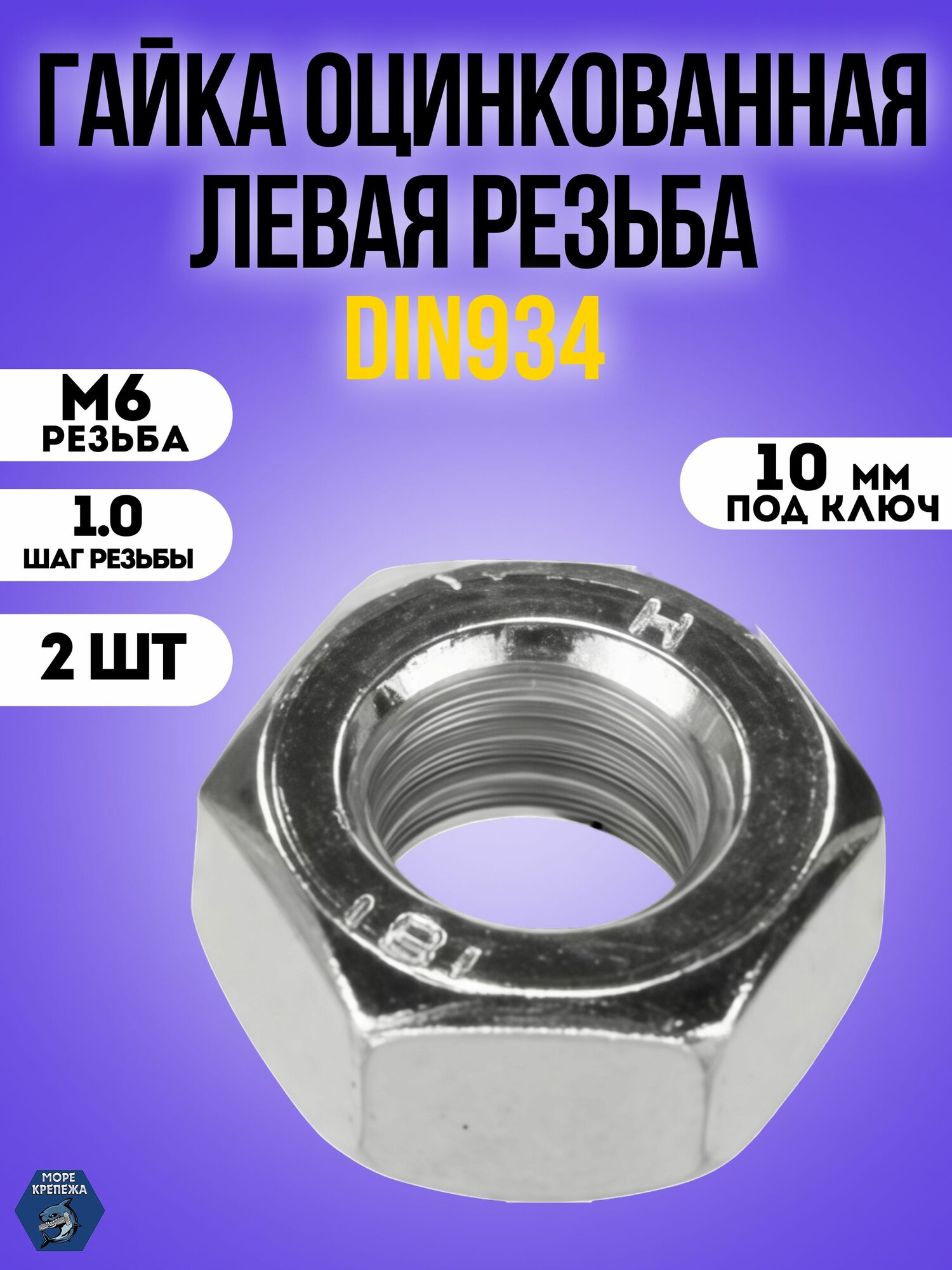 Гайка M6х1.0 DIN934 оцинкованная левая резьба, 2 шт