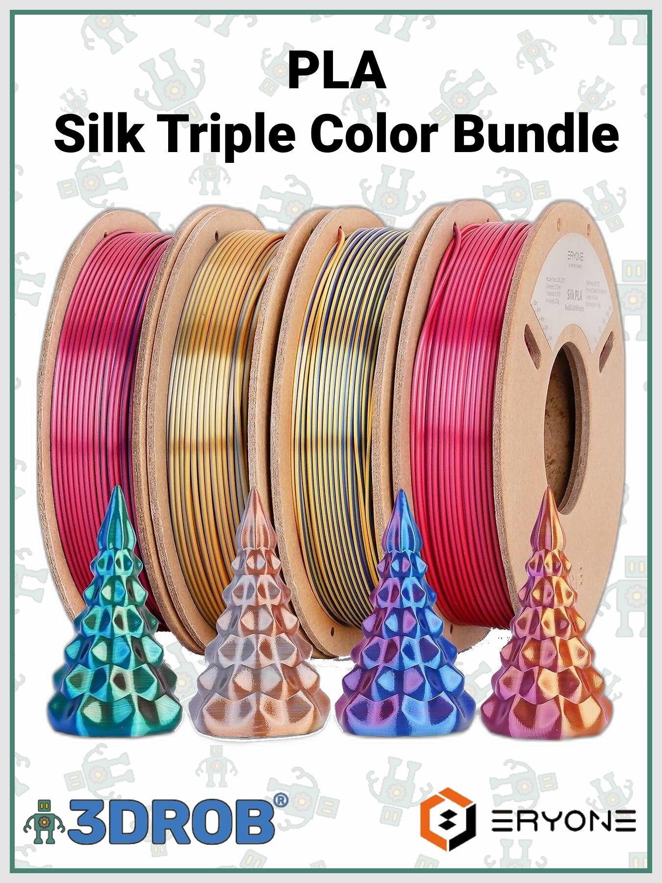 Набор из 4 катушек 0.25 кг пластика для 3D принтера PLA Silk Tri Color 1,75 мм (Eryone) разных цветов - Тип 1