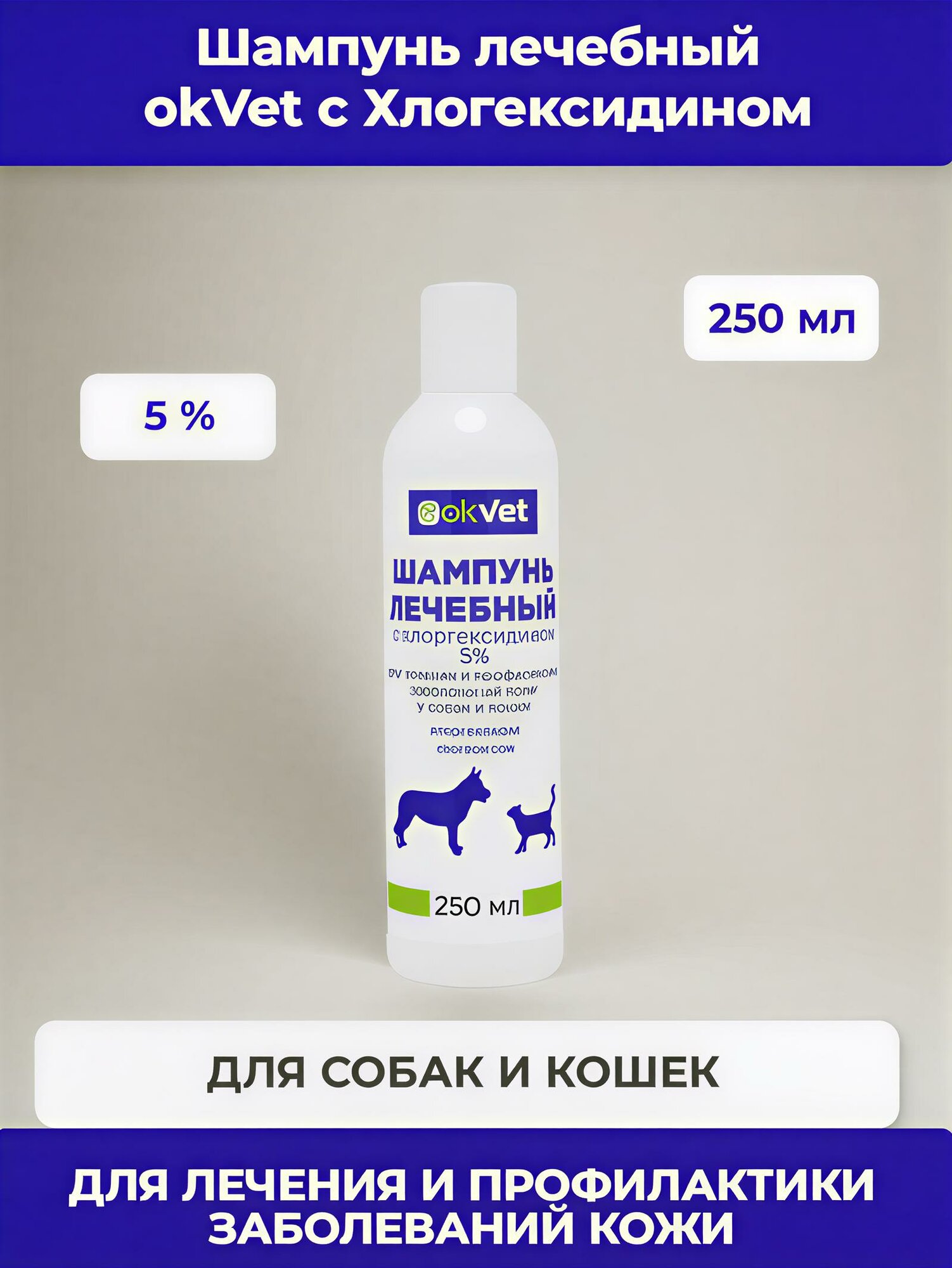 Шампунь лечебный для кошек и собак Okvet с хлоргексидином 5%, 250 мл